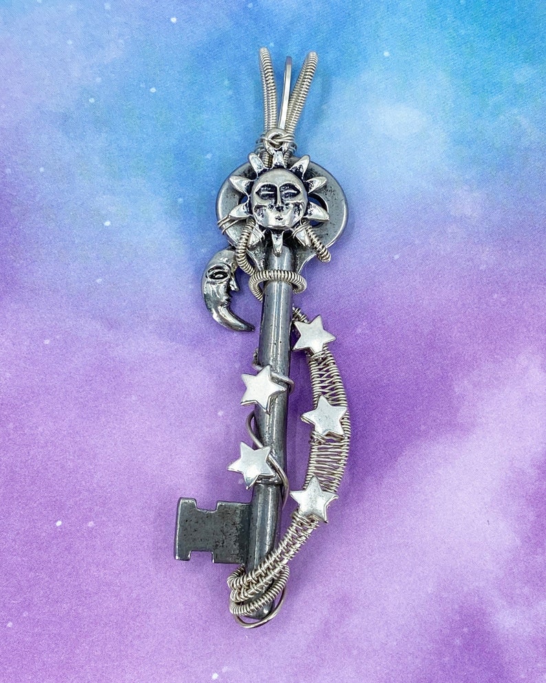 Celestial Skeleton Key Necklace, Sun Moon and Stars Antique Wire ...
