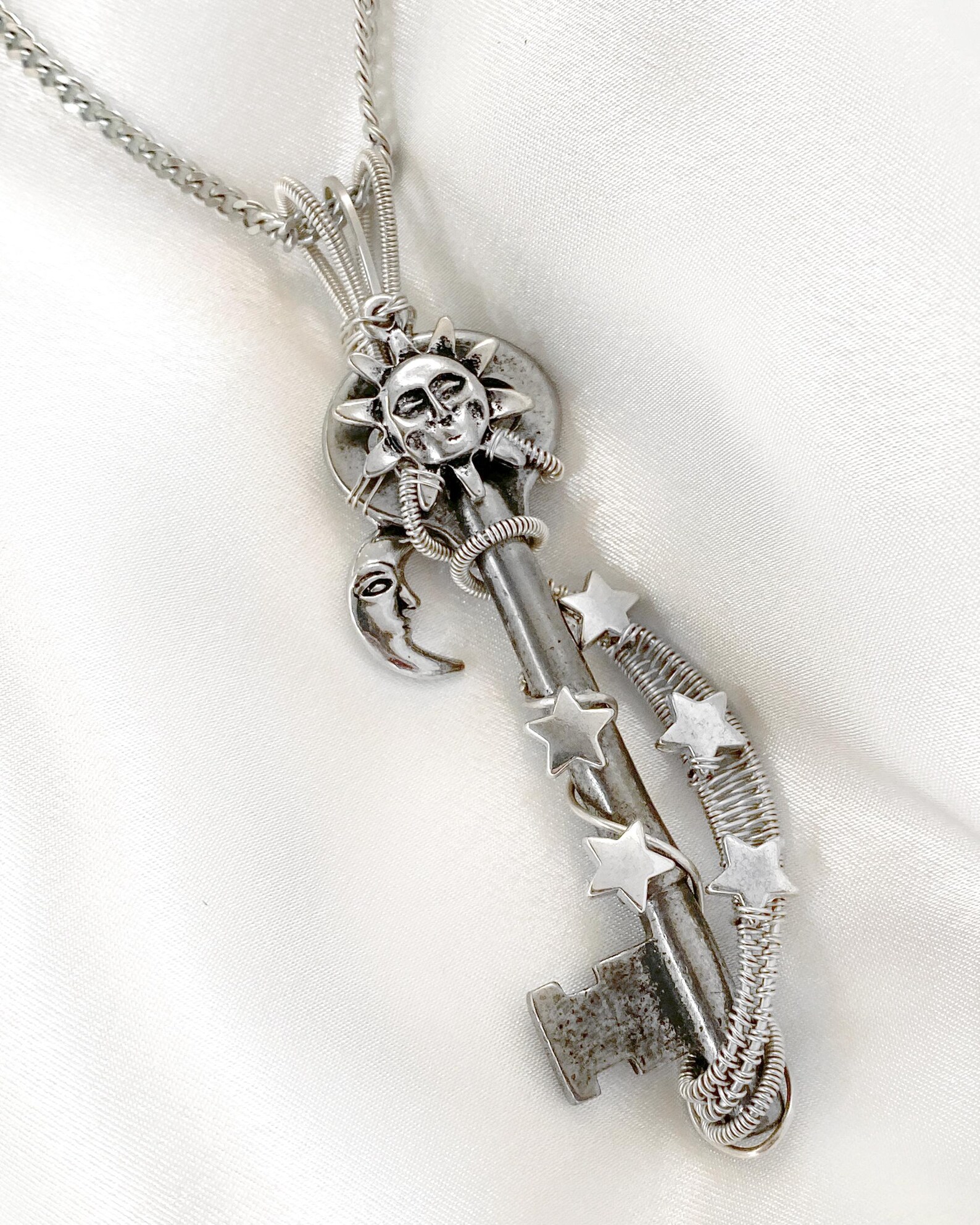Celestial Skeleton Key Necklace, Sun Moon and Stars Antique Wire ...