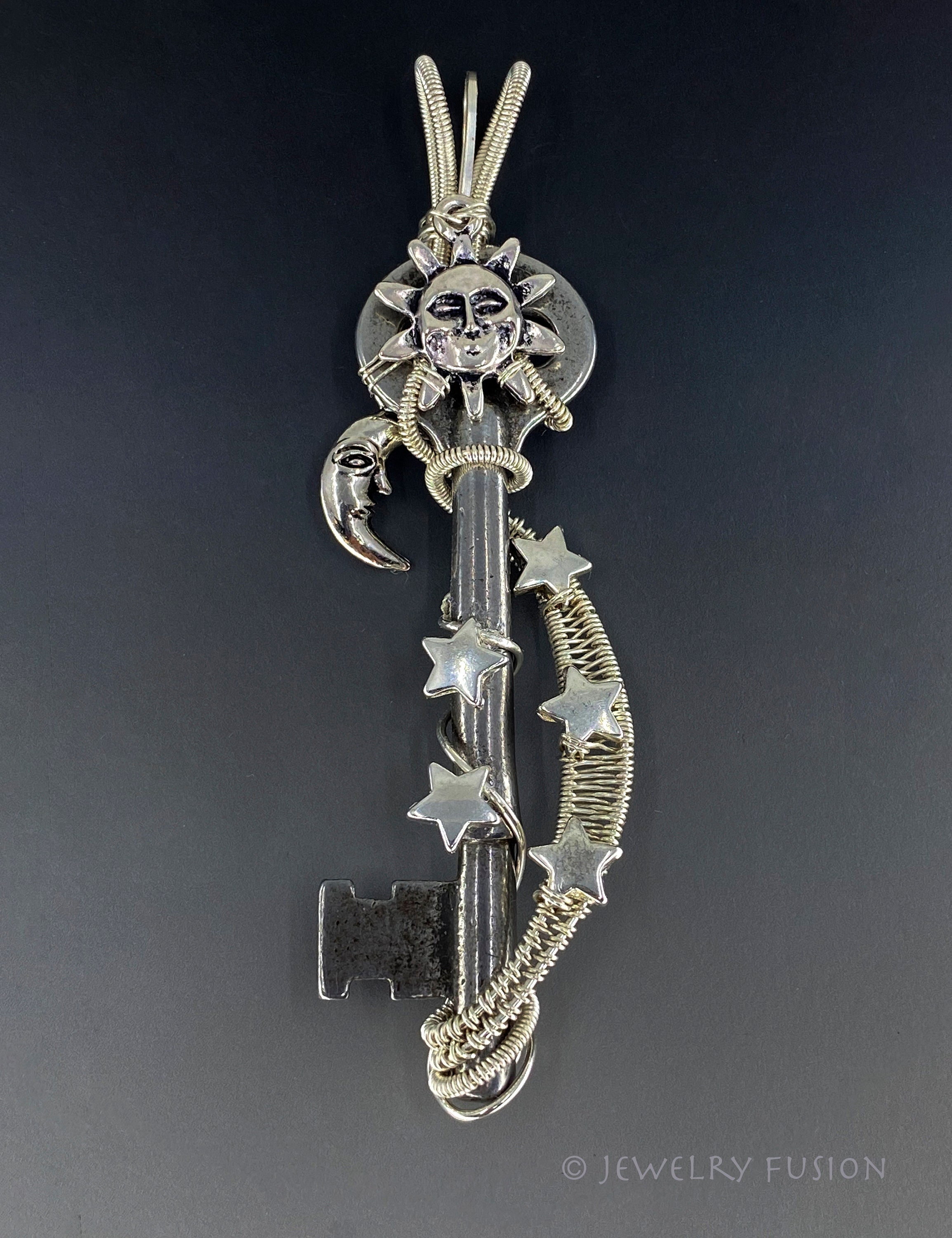 Celestial Skeleton Key Necklace, Sun Moon and Stars Antique Wire ...
