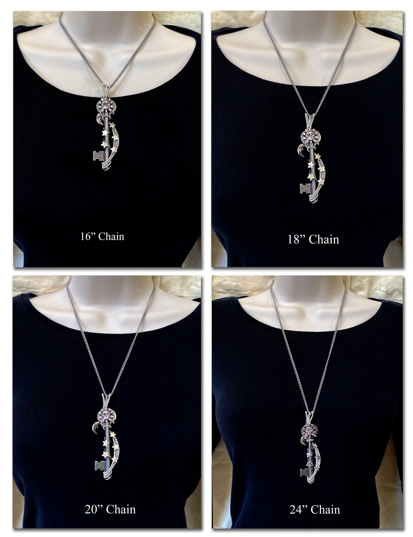 Celestial Skeleton Key Necklace, Sun Moon and Stars Antique Wire ...