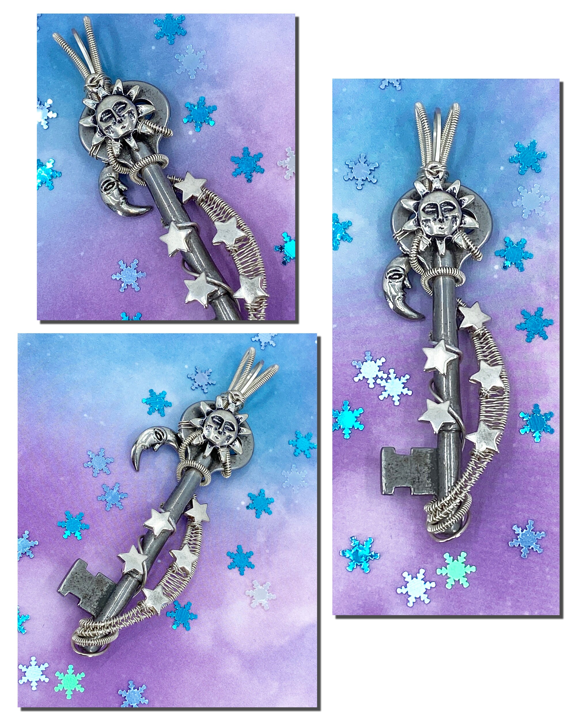Celestial Skeleton Key Necklace, Sun Moon and Stars Antique Wire ...