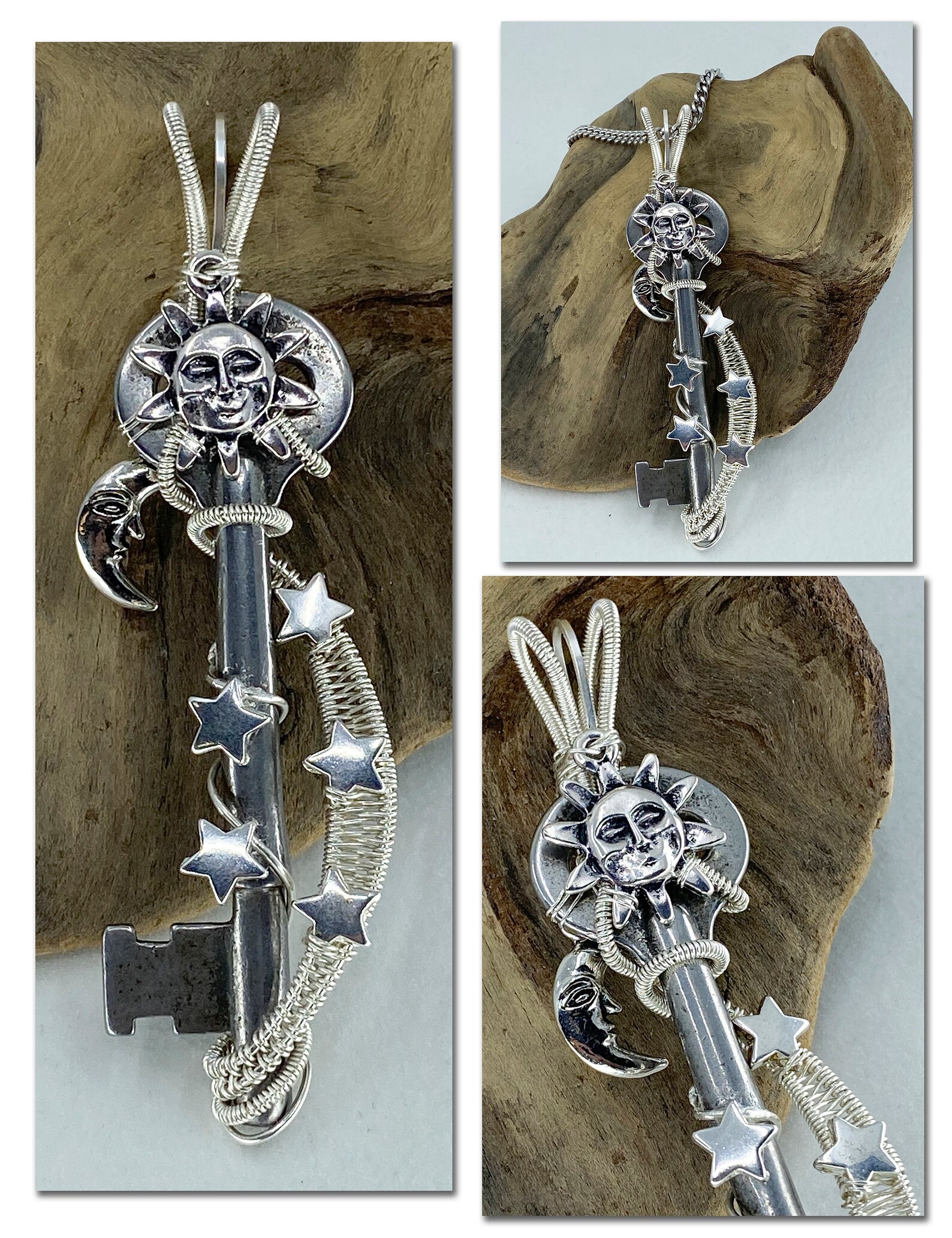 Celestial Skeleton Key Necklace, Sun Moon and Stars Antique Wire ...