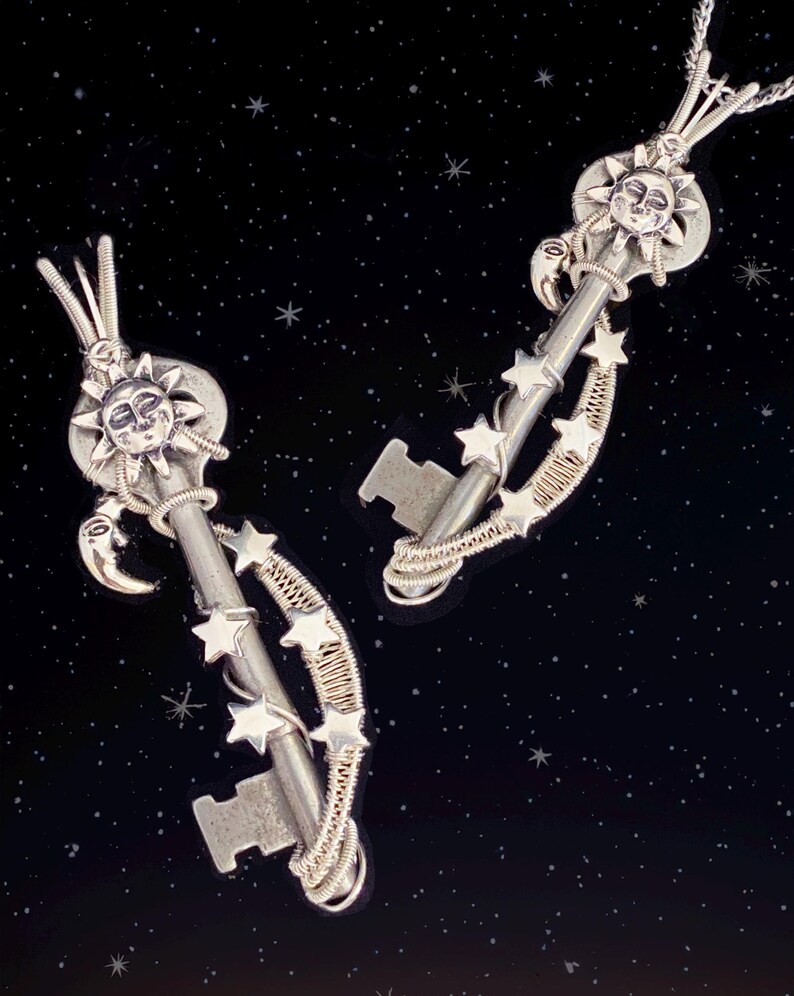 Celestial Skeleton Key Necklace, Sun Moon and Stars Antique Wire ...