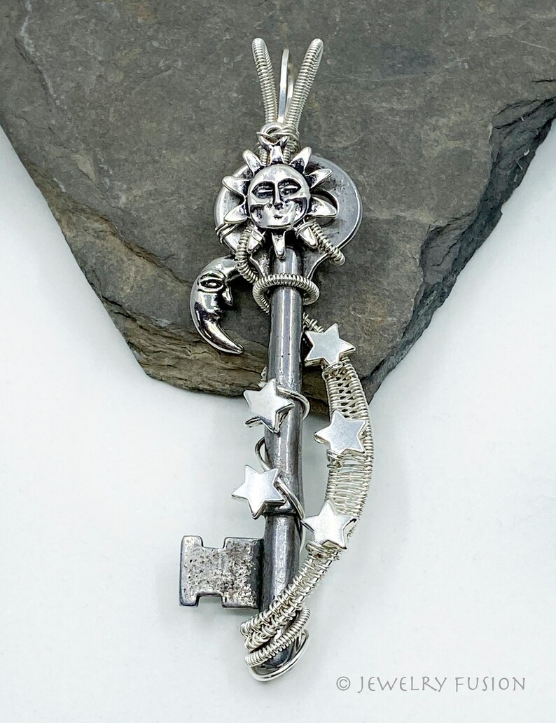 Celestial Skeleton Key Necklace, Sun Moon and Stars Antique Wire ...