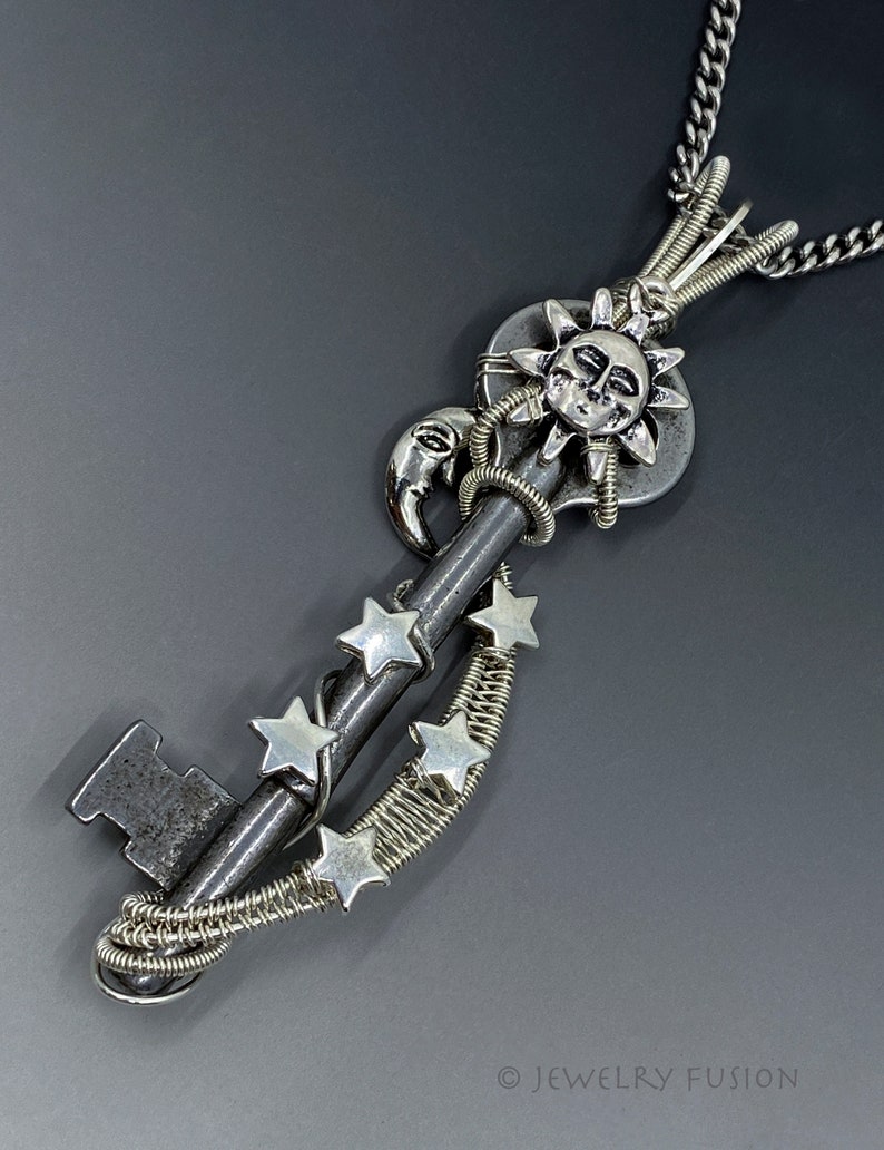 Celestial Skeleton Key Necklace, Sun Moon and Stars Antique Wire ...