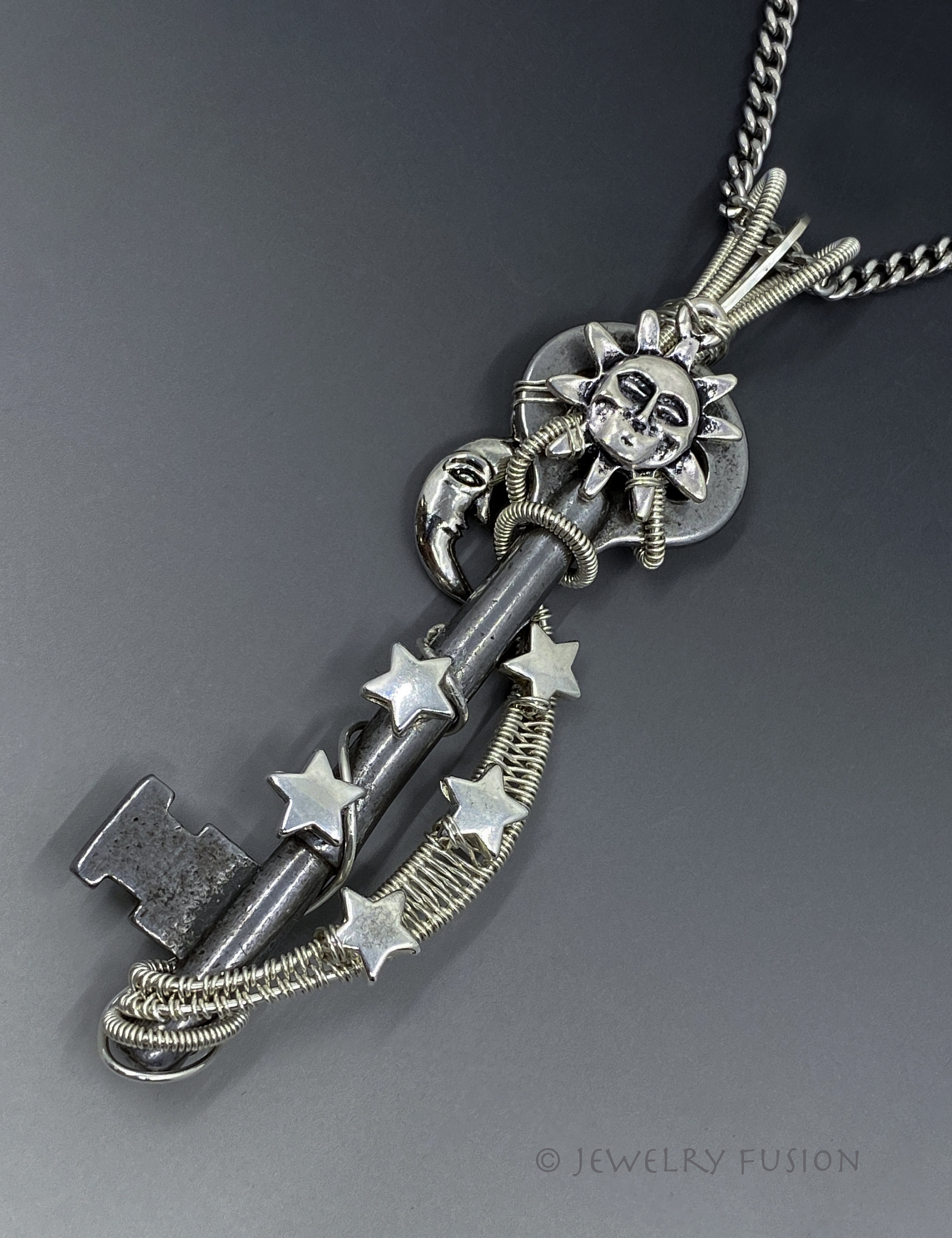 Celestial Skeleton Key Necklace, Sun Moon and Stars Antique Wire ...