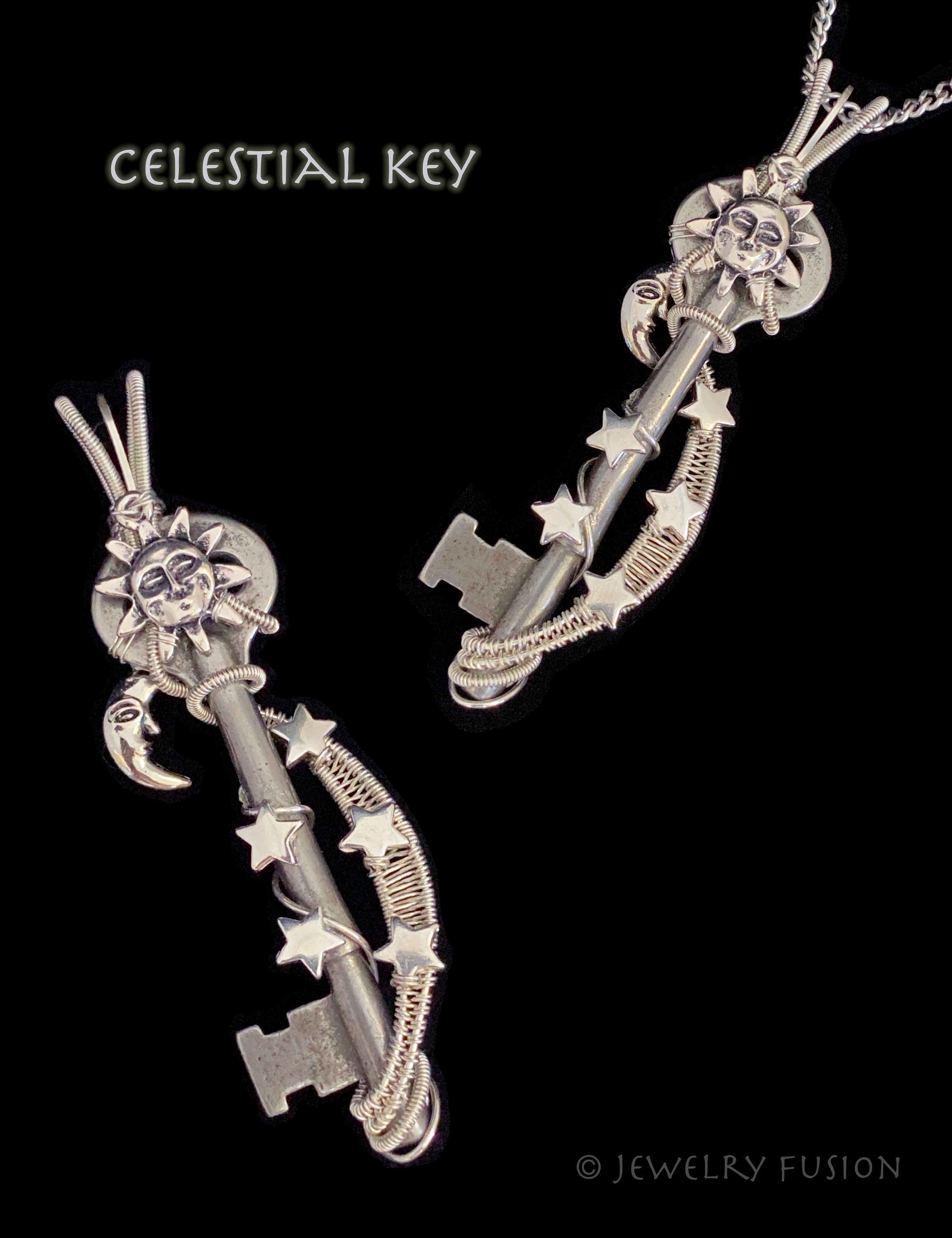 Celestial Skeleton Key Necklace, Sun Moon and Stars Antique Wire ...