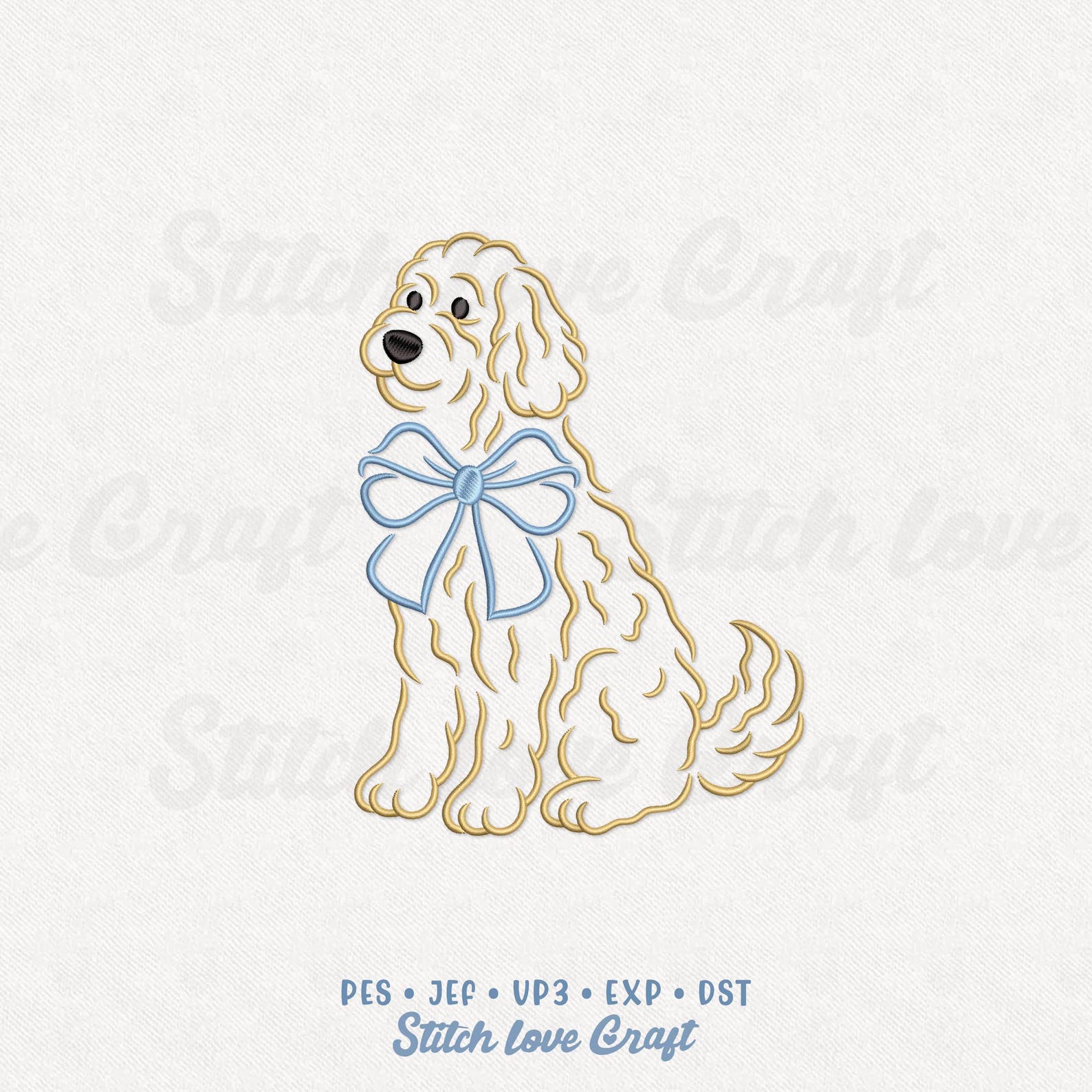 Goldendoodle Embroidery Design: Dog With Bow, Curly Golden Doodle Gift ...