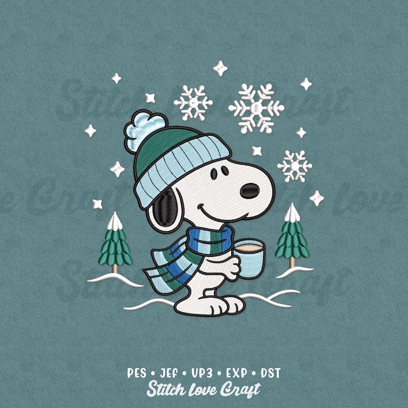Winter Snowflake Dog Embroidery Design: Snow Mountain Trees, Classic ...