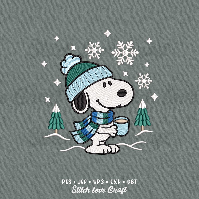 Winter Snowflake Dog Embroidery Design: Snow Mountain Trees, Classic ...