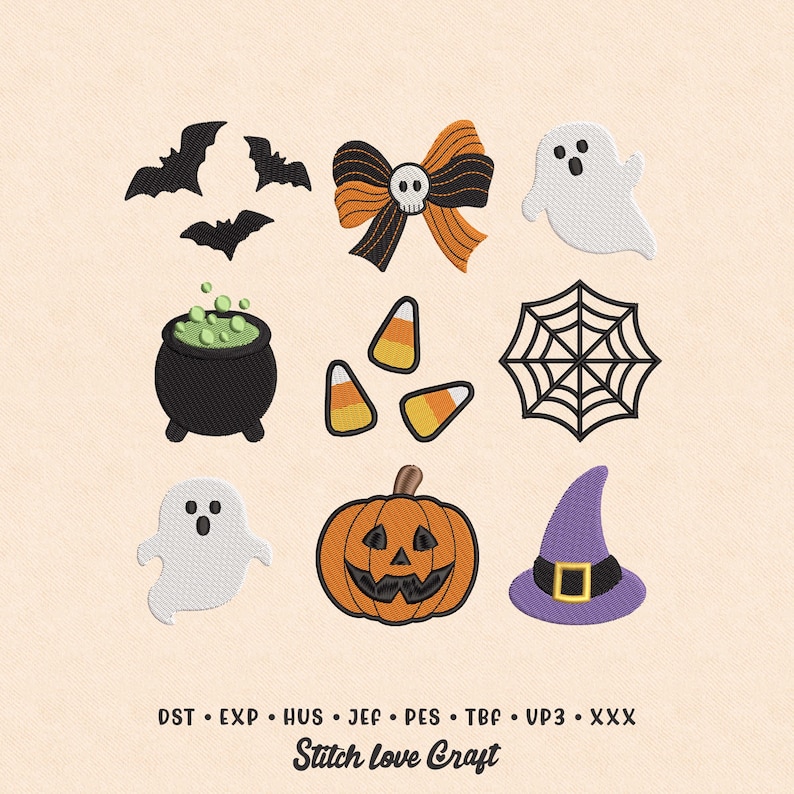 Halloween Embroidery Designs: Mini Bats, Pumpkin, Witch Hat, Ghost ...
