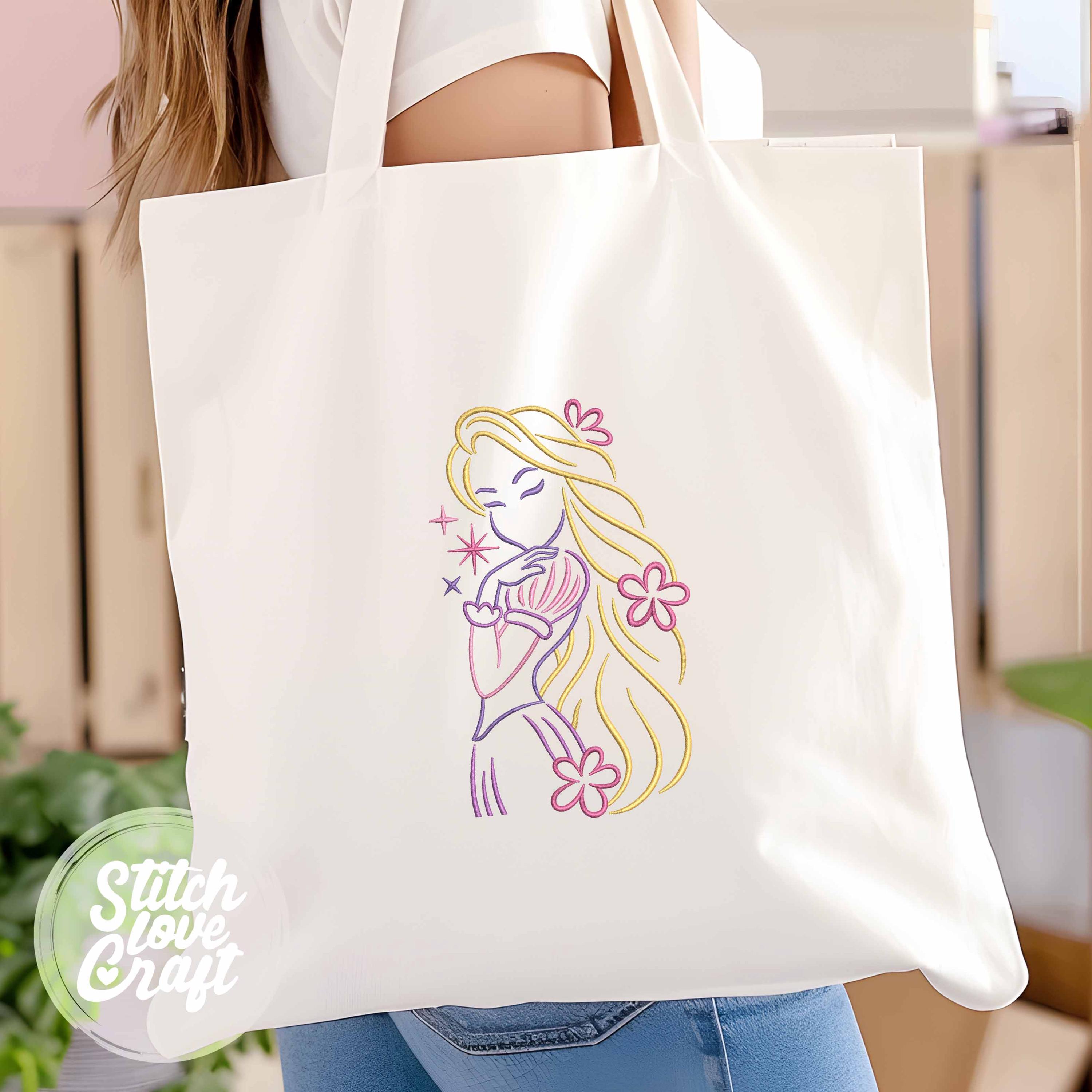 Princess Embroidery Design: Floral Long Hair, Light Tower Princess ...