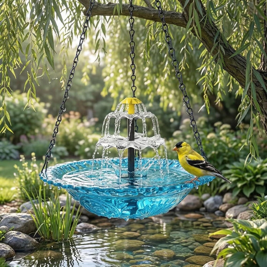 Hanging Solar Waterfall Bird Bath Fountain, Large Outdoor Hummingbird ...