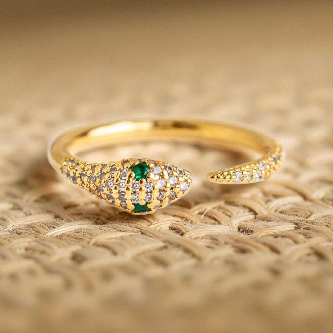 Unique Emerald 14k Gold Snake Ring • Adjustable Serpent Wrap Ring ...