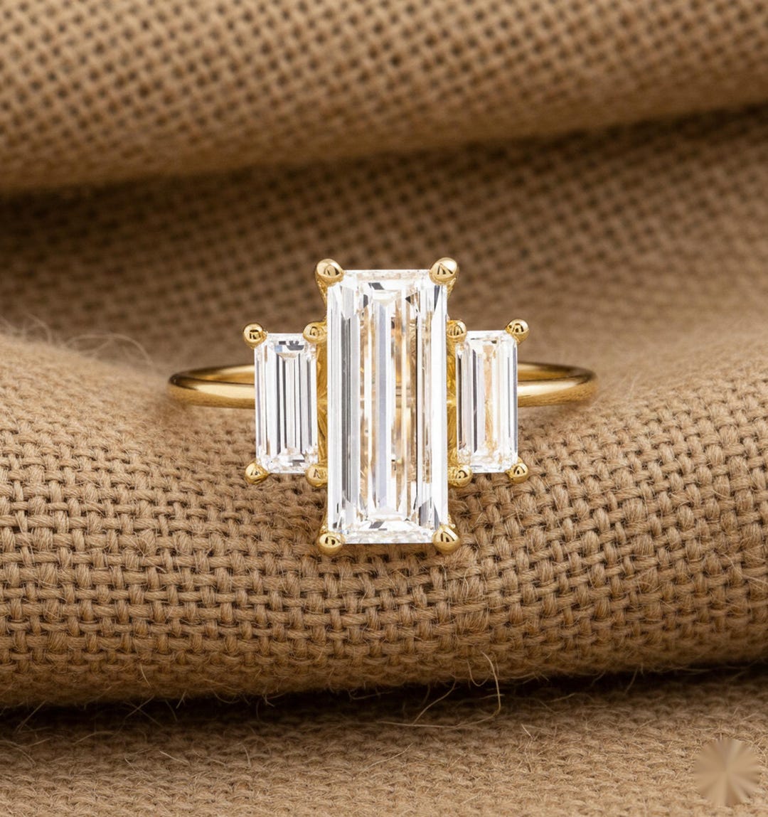 Vertical Three Stone Baguette CZ Ring: Unique Engagement Ring, Diamond ...