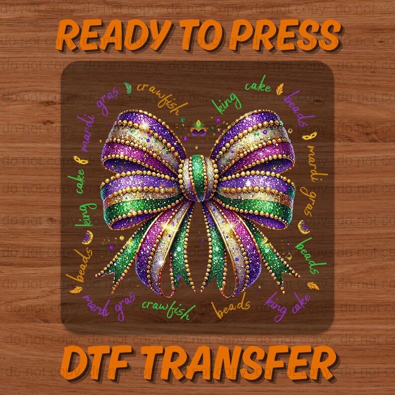 Mardi Gras Glitter Effect Bow DTF Transfer, Ready to Press Carnival ...