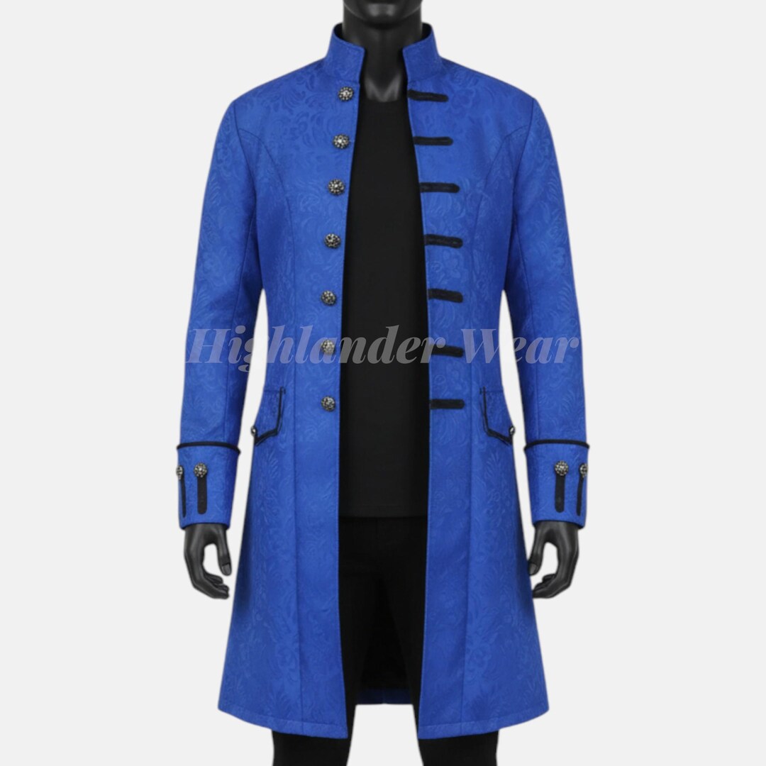 Men’s Royal Blue Brocade Long Coat – Vintage Baroque Tailcoat With ...