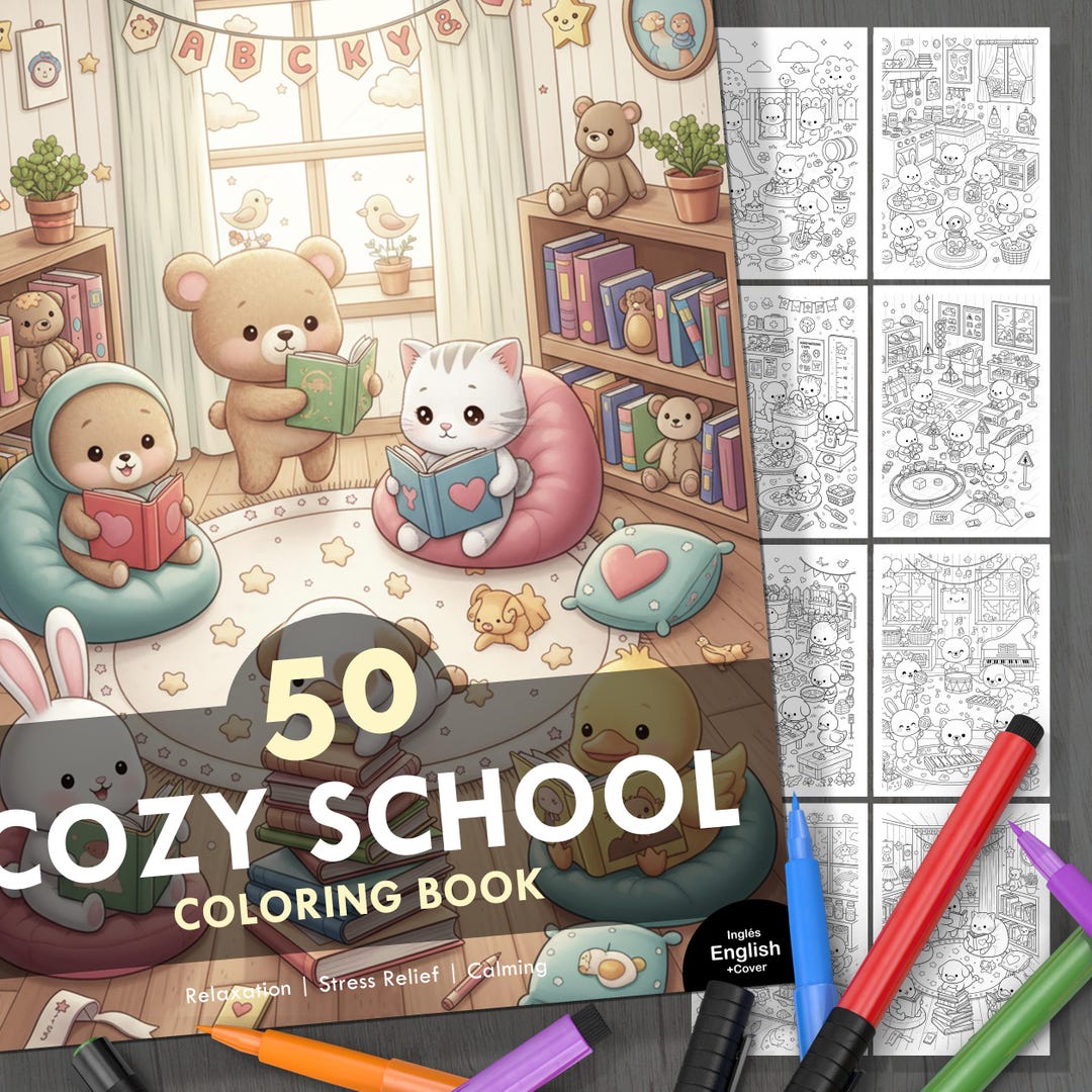 Cozy School Coloring Book. 50 Cozy Illustrations + Cover. Kids and ...