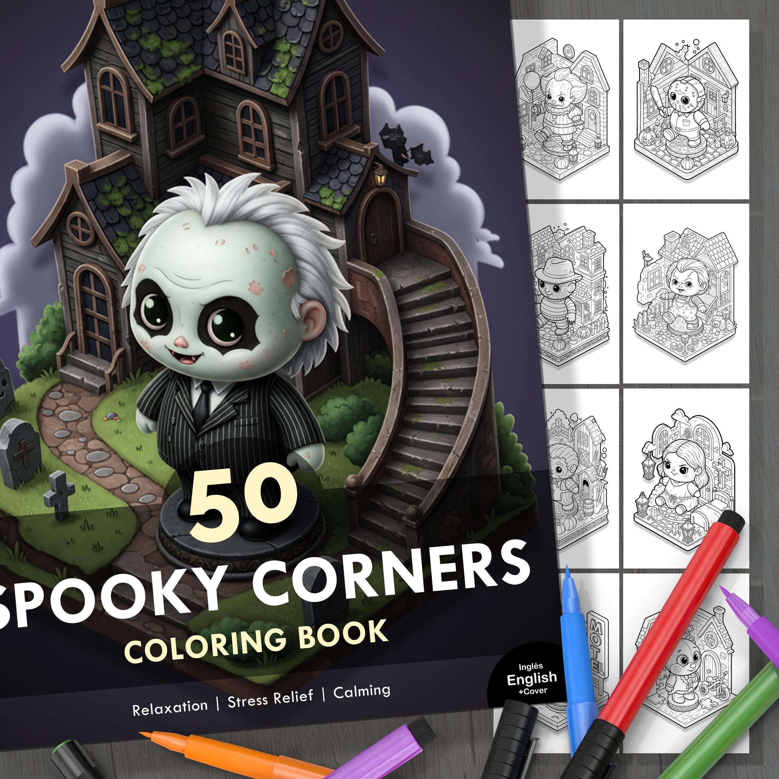 Creepy Corners Coloring Book. 50 Spooky Illustrations + Cover for Kids ...