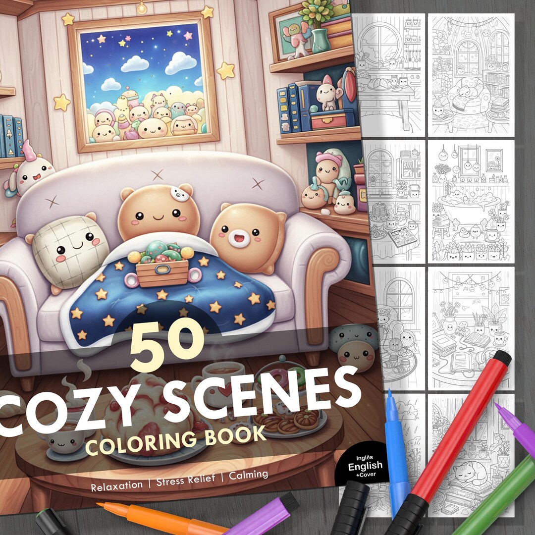 Cozy Scenes Coloring Book. 50 Cozy Illustrations + Cover. Kids & Adults ...