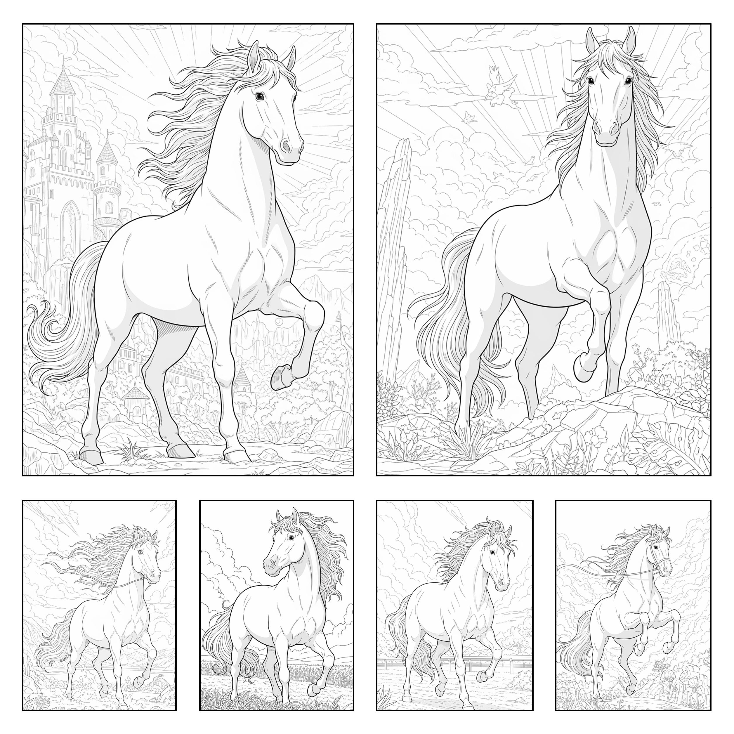 Horses Coloring Book. 50 Detailed Illustrations + Cover. Kids and ...