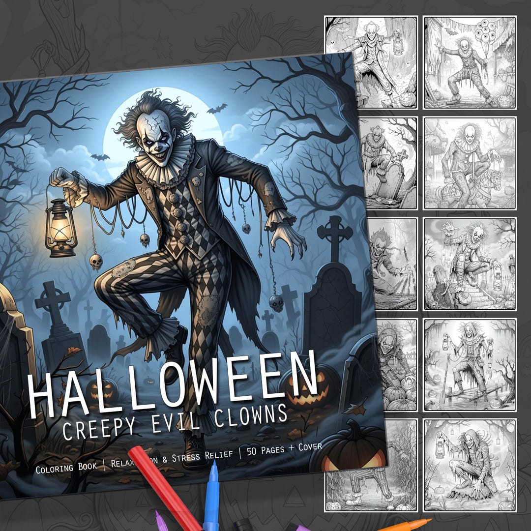 Creepy Clowns. Halloween Coloring Book. 50 Halloween Drawings With ...