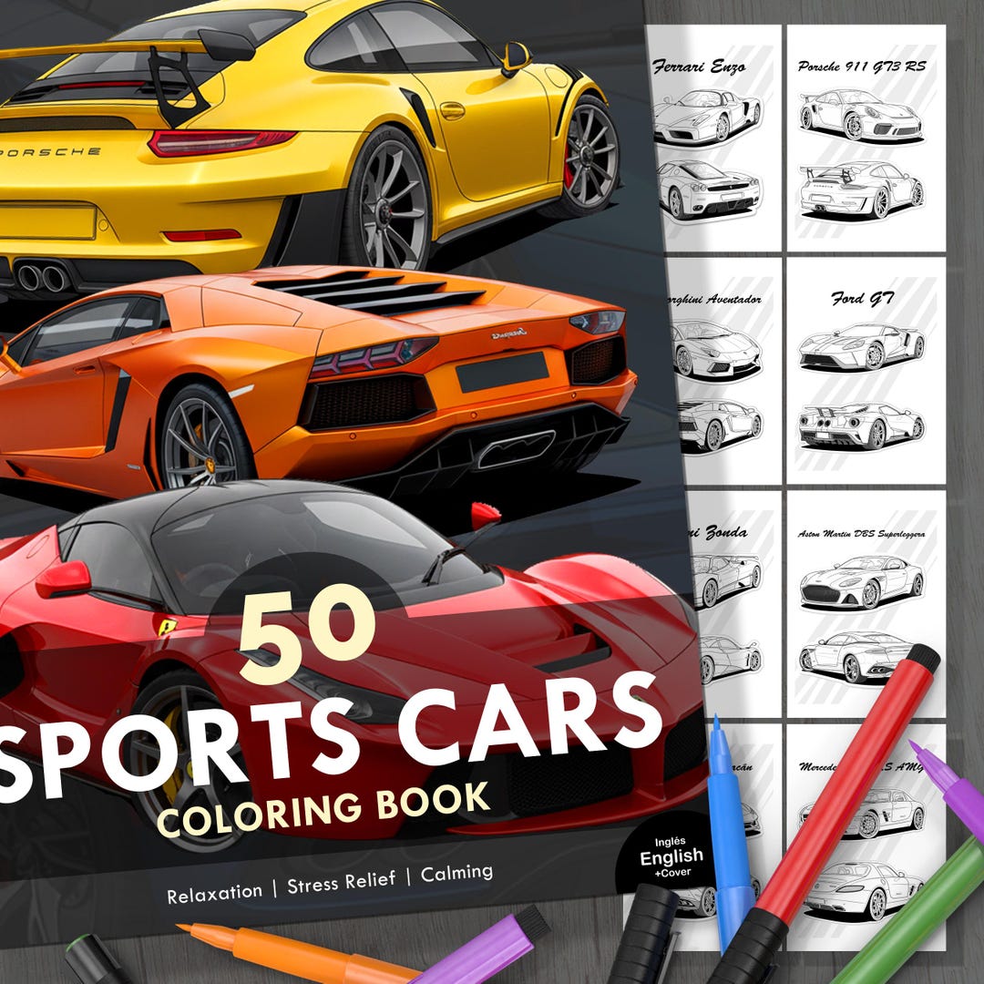 Sports Cars Coloring Book. 50 Illustrations + Cover for Kids and Adults ...
