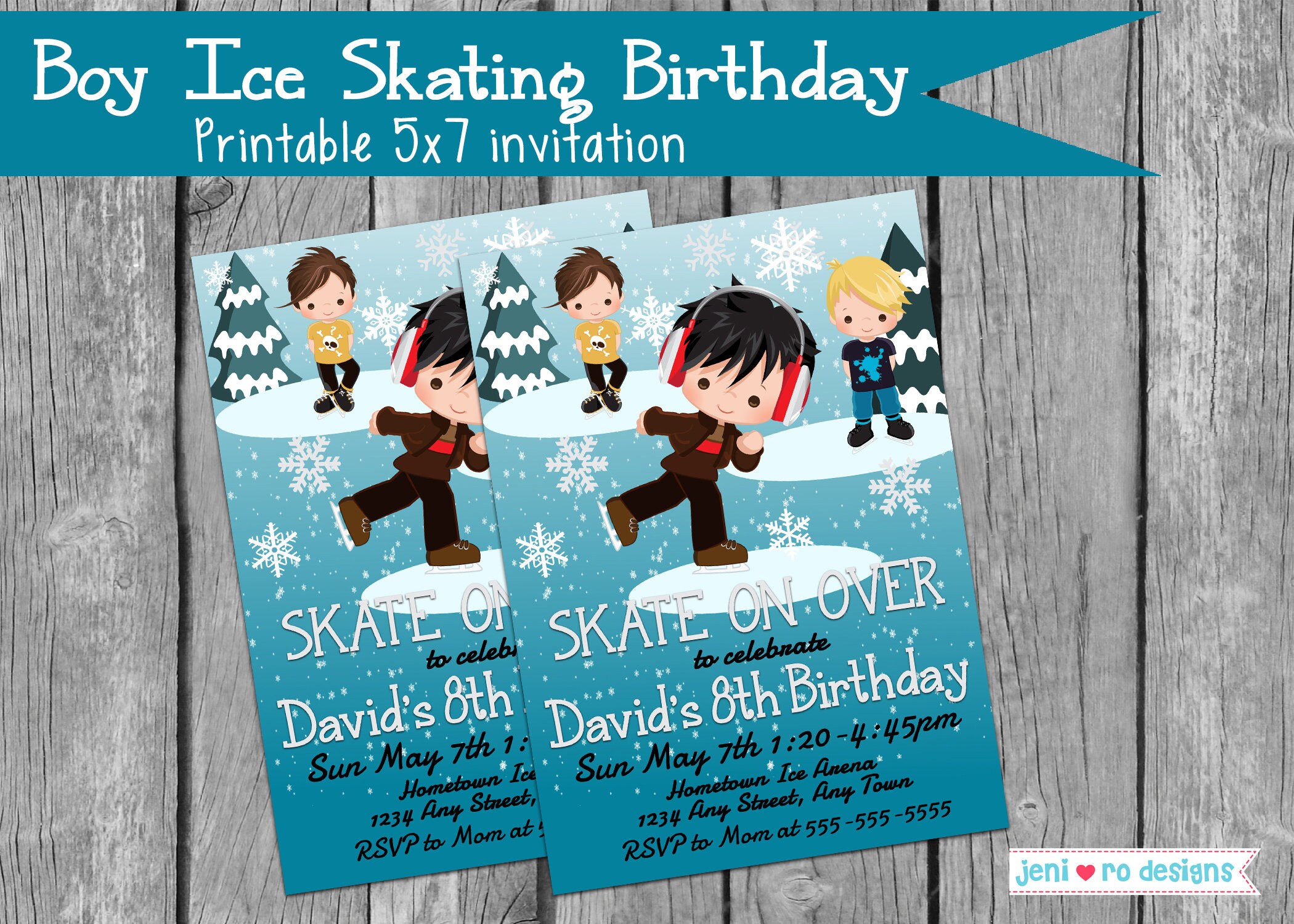Boy Ice Skating Birthday Invitations Printable EDITABLE, Ice Skate