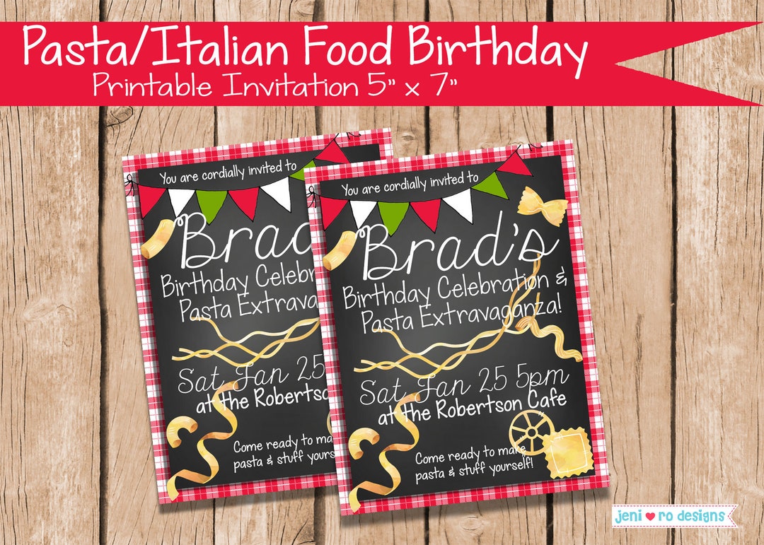Pasta Italian Food Birthday, Printable Invite, Birthday Invitation ...