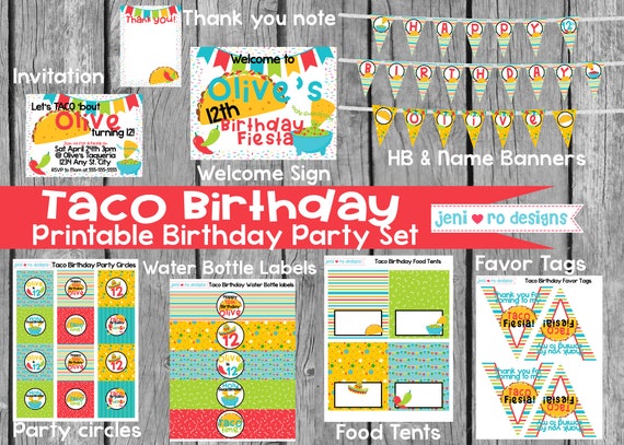 Taco Birthday, Taco Party Printable set, Printable party decor set ...