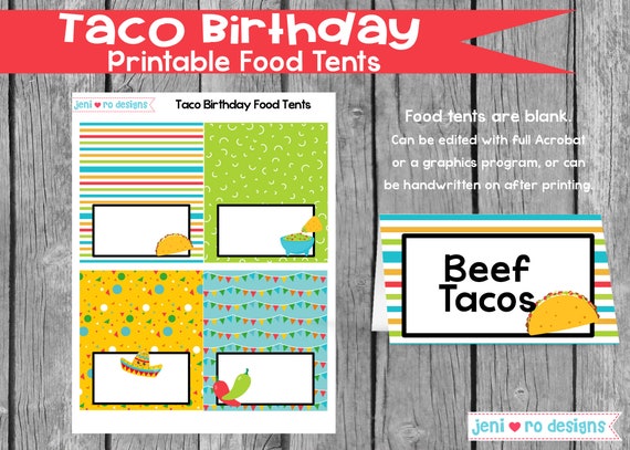 Taco Birthday, Printable Food tents, Food labels, Taco Party, Tacos ...