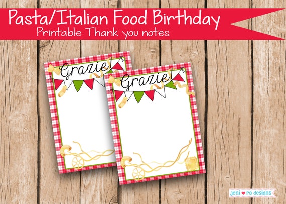 Pasta Italian Food Birthday, Printable Thank you note, Thank you, Thank ...