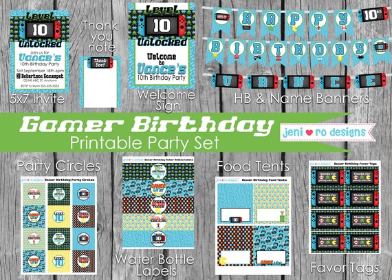 Gamer Birthday, Printable Decor Set, Party invite, Video game birthday ...
