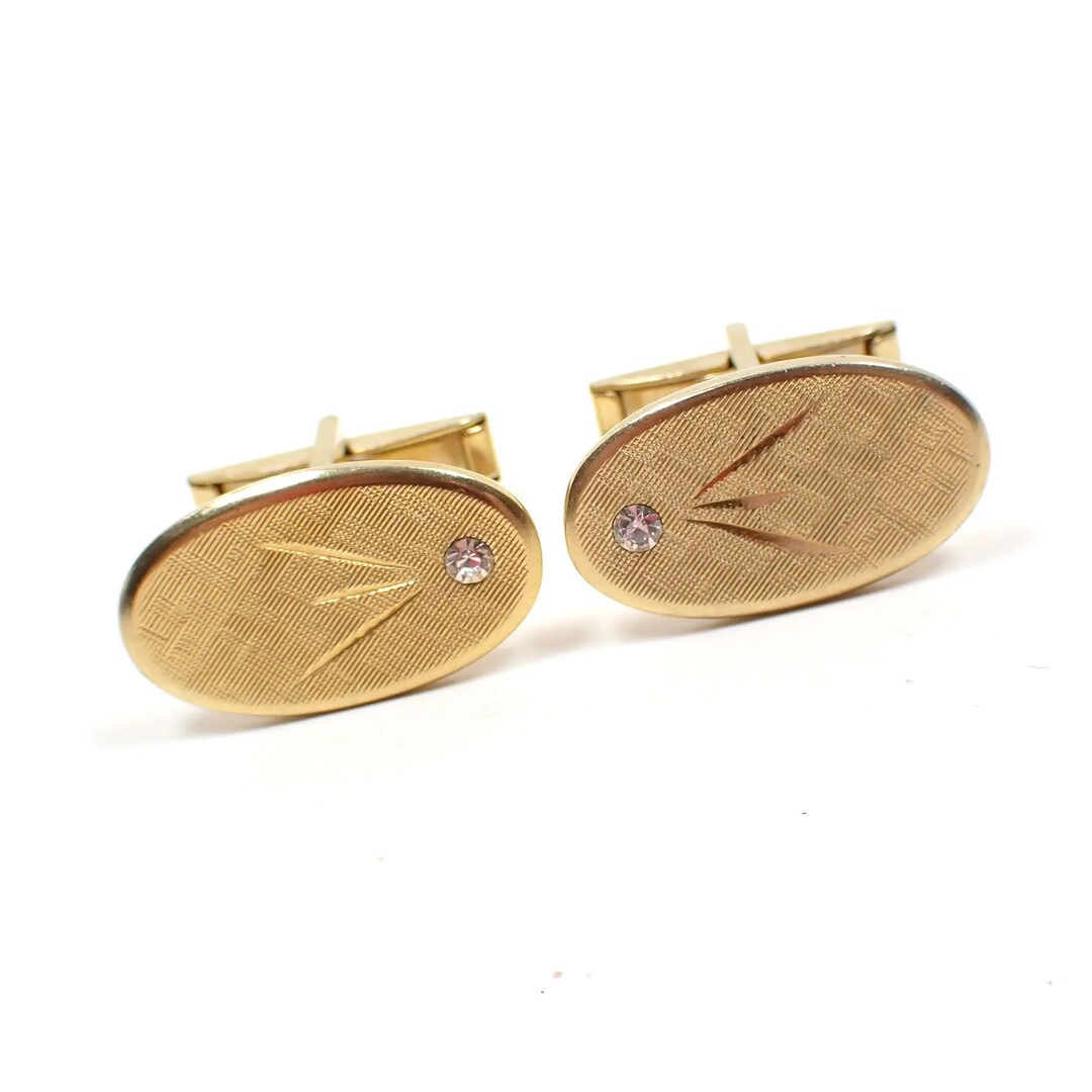 1960's Mid Century Vintage Rhinestone Cufflinks, Brushed Matte Gold ...