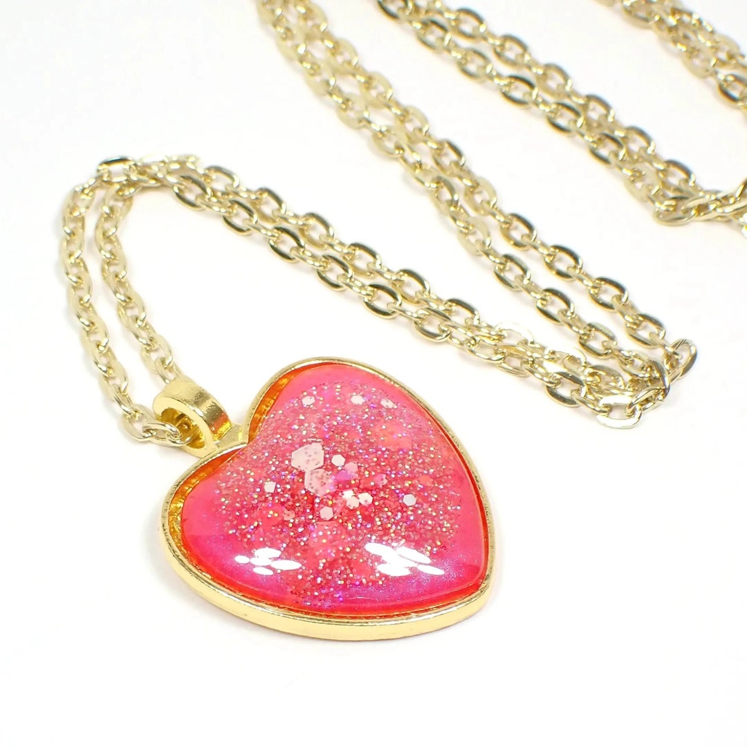Handmade Pearly Bright Pink Resin Heart Pendant Necklace With ...