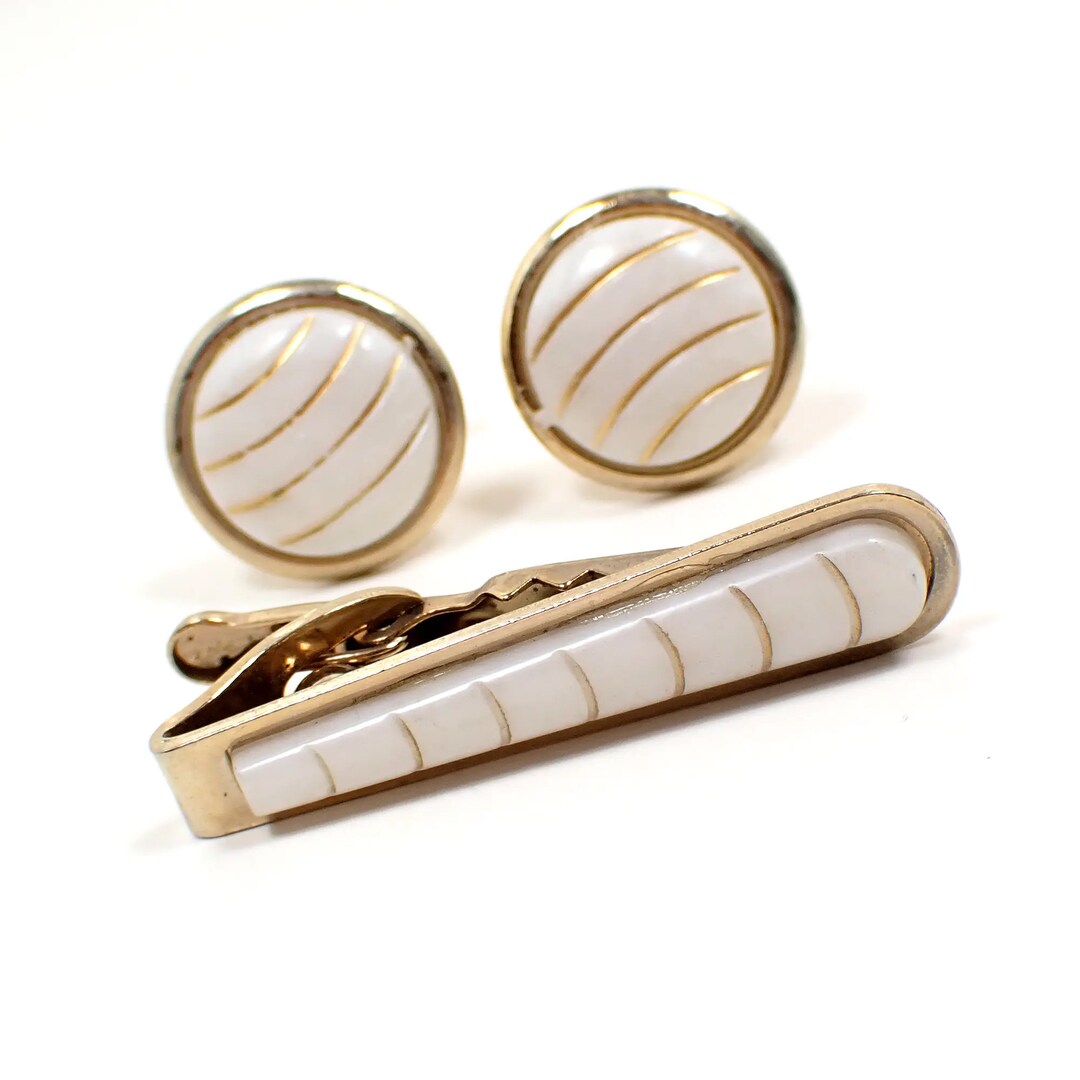 1970's White Plastic and Gold Tone Vintage Men's Jewelry Set, Striped ...