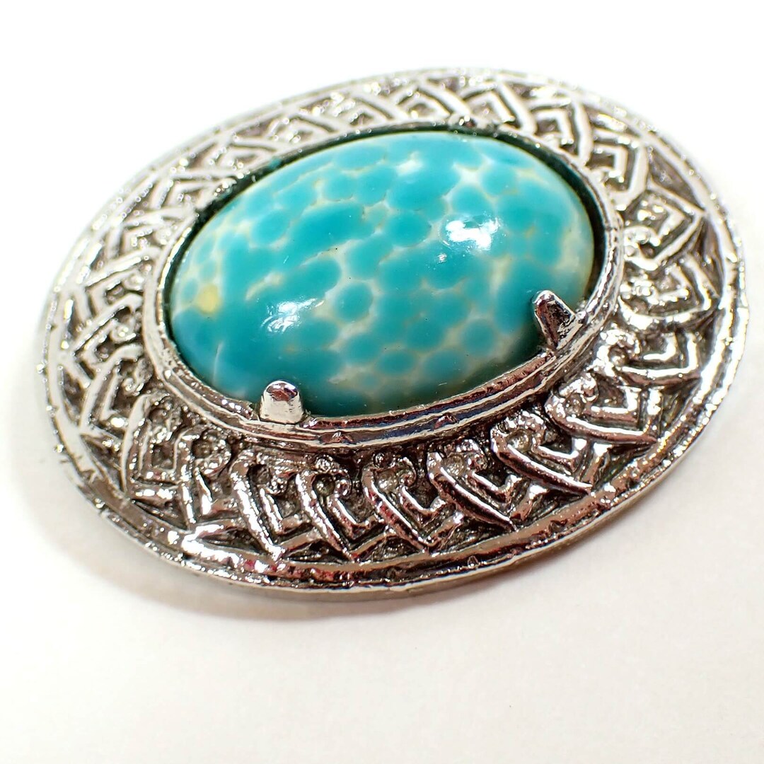 Jacobite Celtic Style Oval Vintage Brooch Pin With Blue Fancy Glass Cab ...