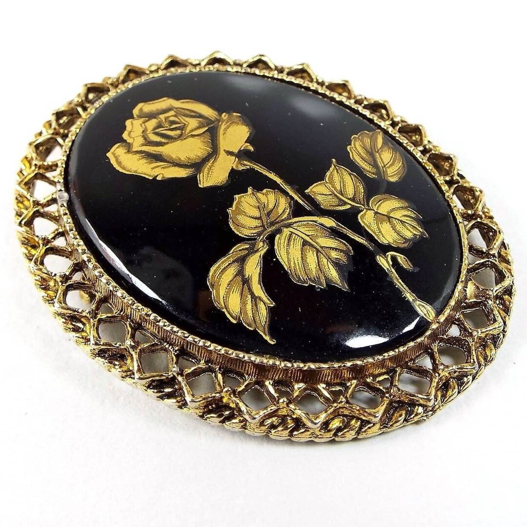 Black and Metallic Gold Mid Century Vintage Rose Brooch Pin, Antiqued ...