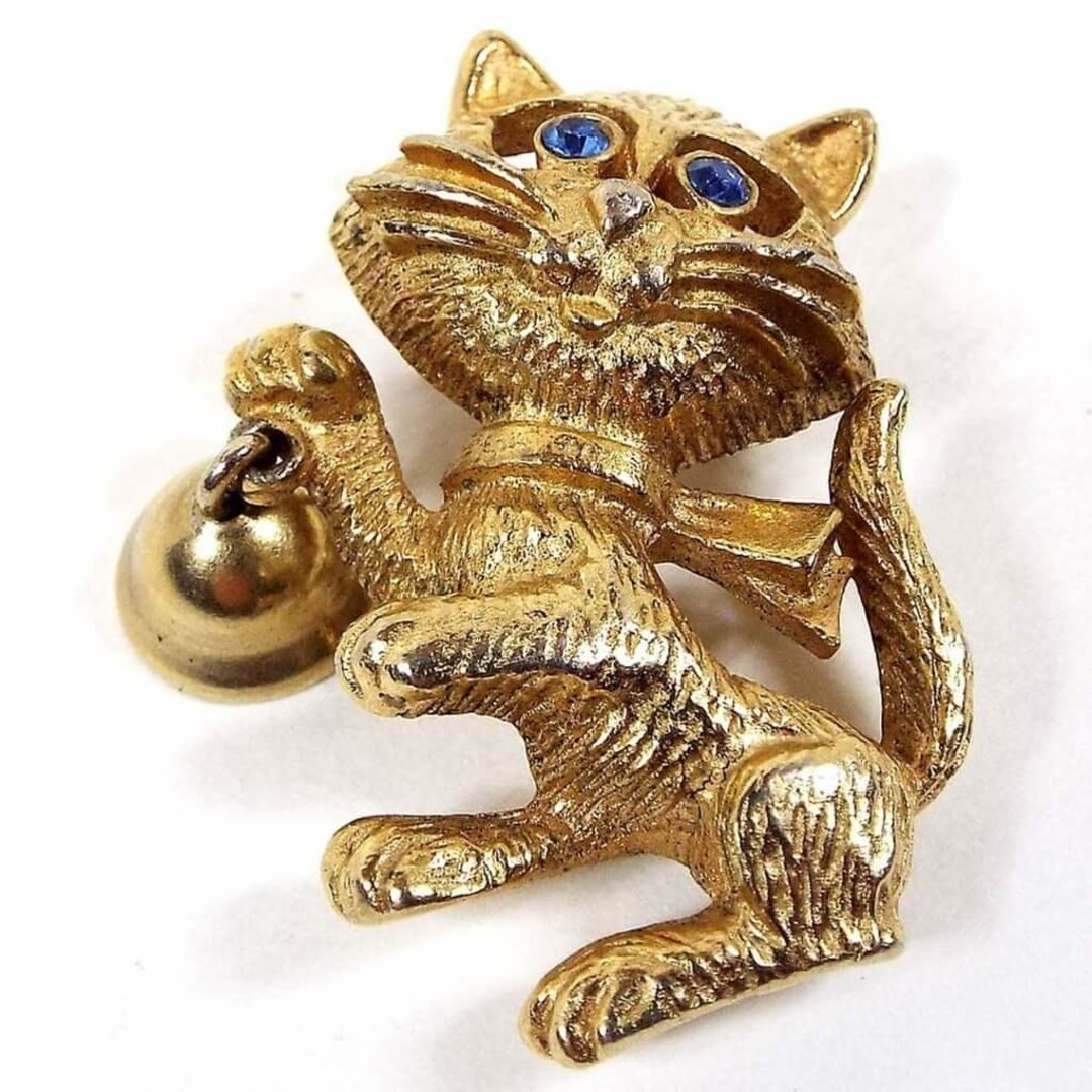 Avon Cat With Blue Rhinestone Eyes and Bell Vintage Brooch Pin, Gold ...
