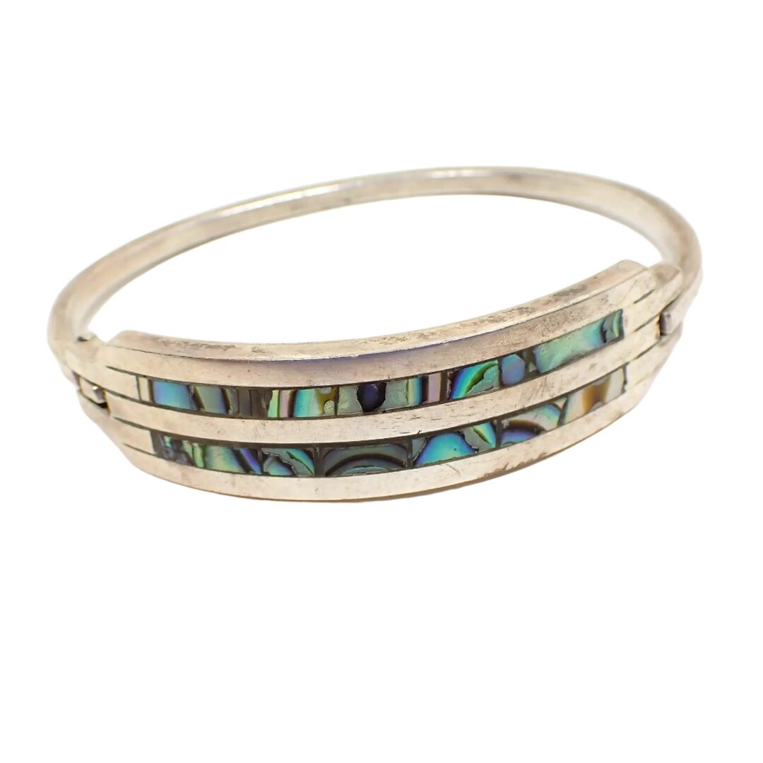 Alpaca Mexico Double Row Inlaid Abalone Shell Vintage Hinged Bangle ...