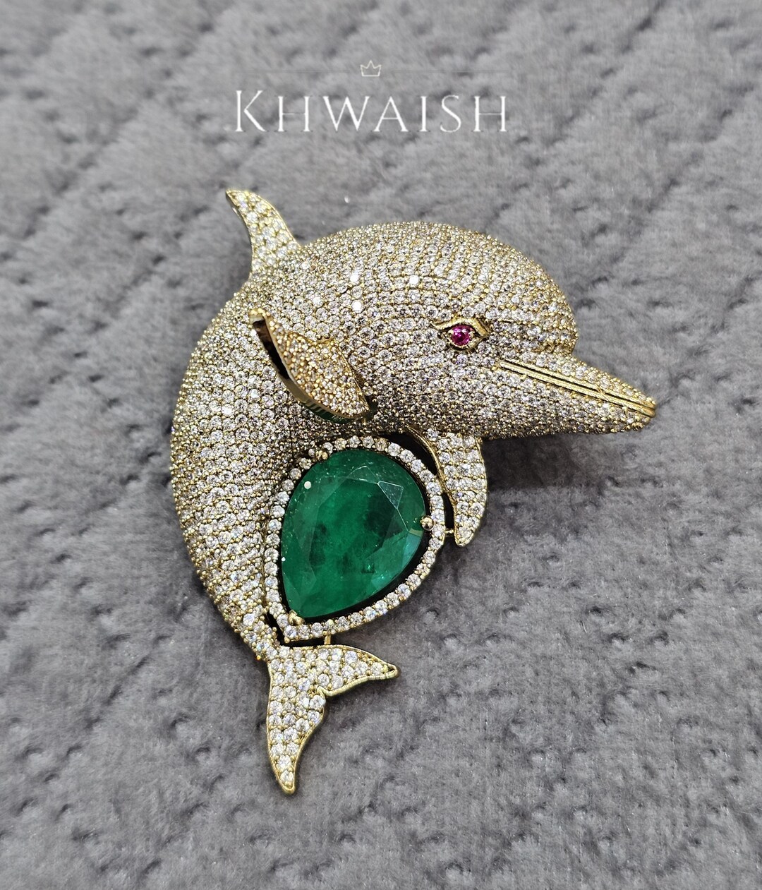 Dolphin Emerald Green Victorian Gold Micro Cz Diamond Silver Statement ...