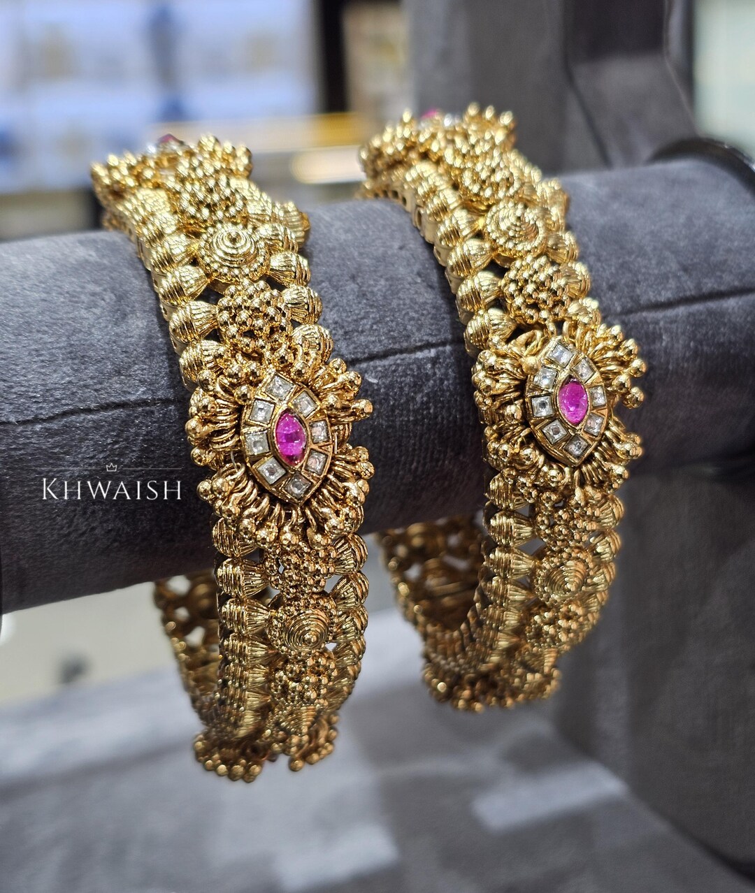 Ruby Temple Openable Antique 22ct Gold Plated Polki Silver Bangles,gold ...