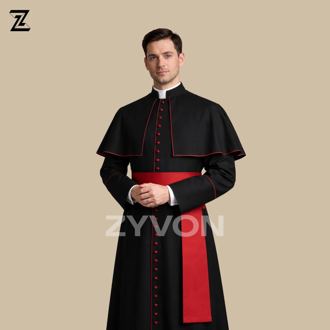 Black Priest Cassock With Red Trim & Sash | Catholic Clergy Robe Roman ...