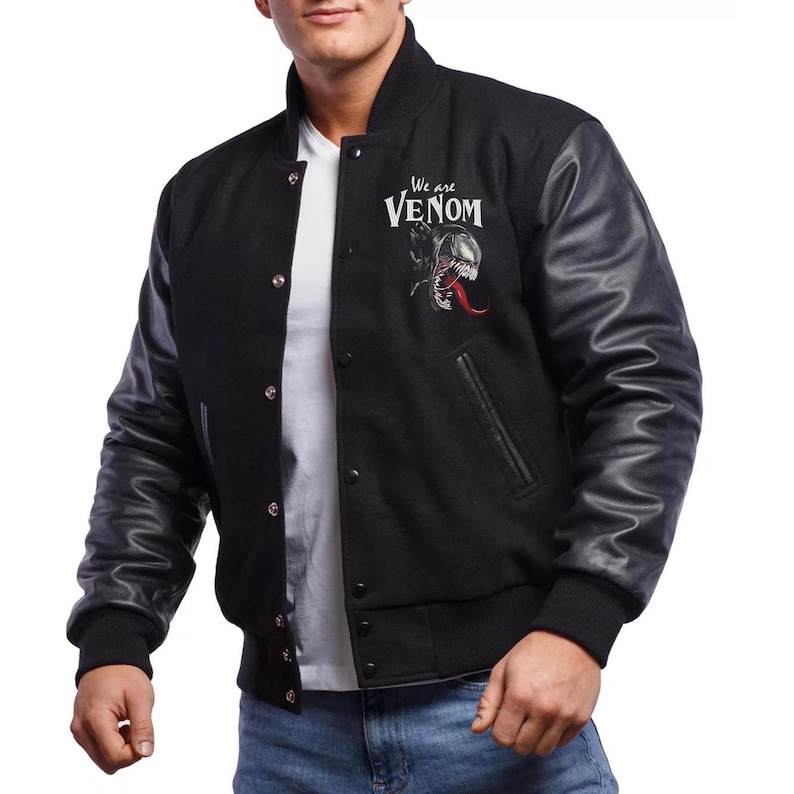 Embroidered Symbiote Varsity Jacket: Alien Venom Design, Wool & Leather ...
