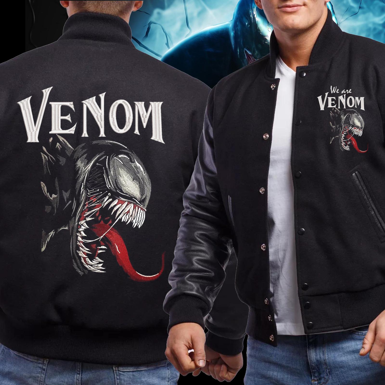 Embroidered Symbiote Varsity Jacket: Alien Venom Design, Wool & Leather ...