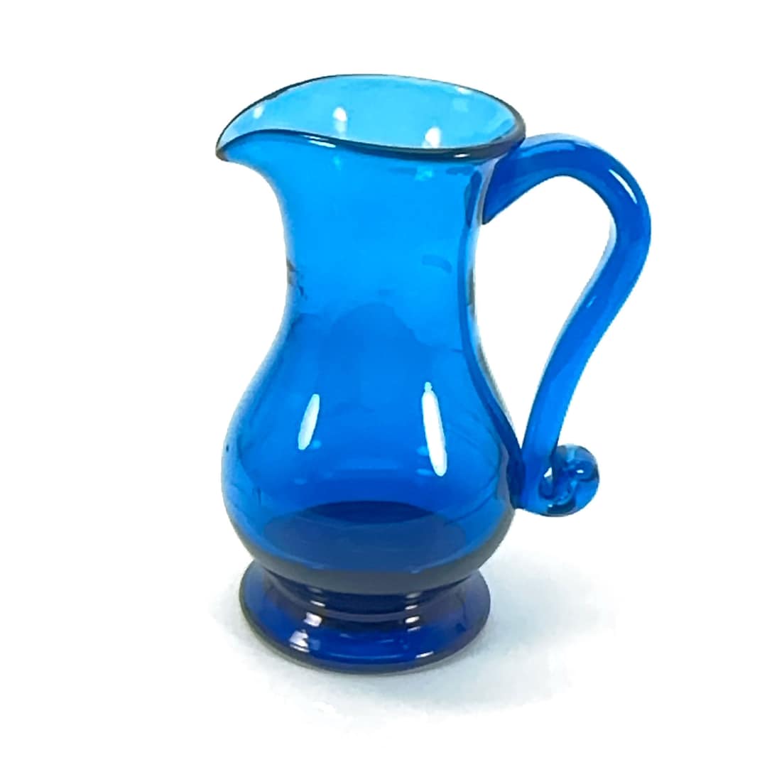 Small Blue Glass Pitcher With Scroll Handle 5 Inch Tall - Etsy