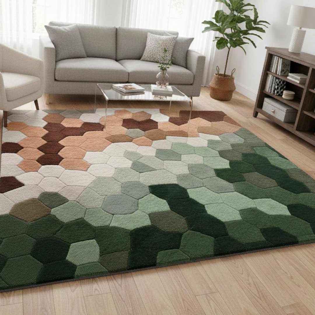 Handtufted Wool Rugs- Hexagon Pattern Rug in Earthy Green & Brown Tones ...