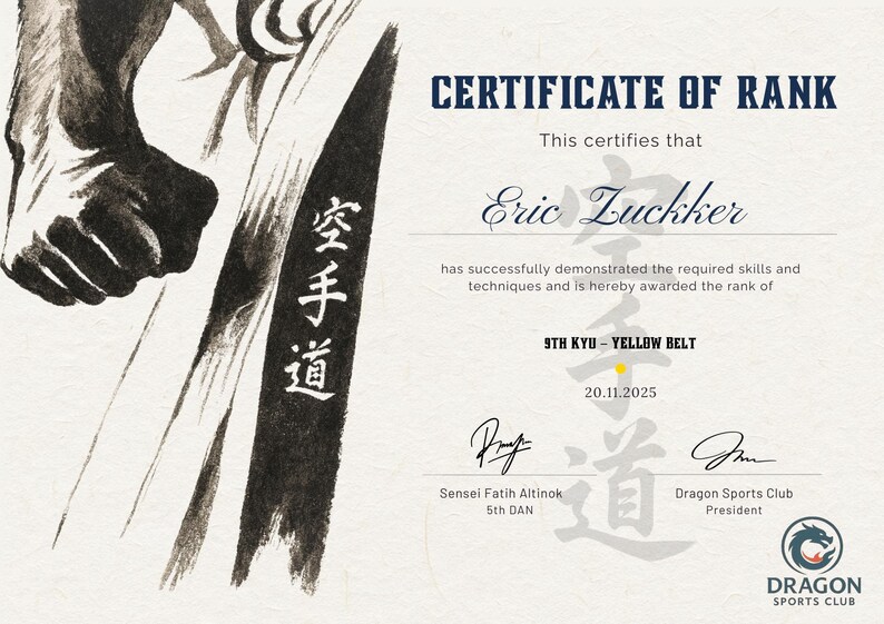 Editable Karate Certificate Template | Kyu & Dan Belt Rank Certificate ...