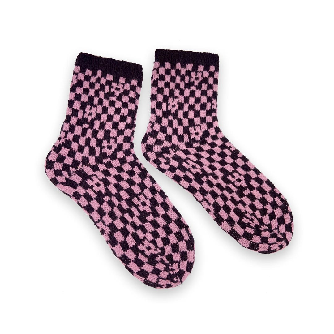 Hand Knit Wool Socks - Elderberry Checkered Pattern, Upcycled Yarn - Etsy