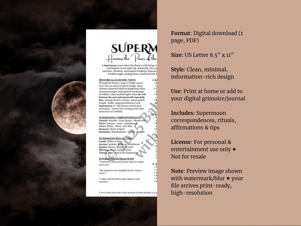 Supermoon Ritual Printable, Moon Magic Grimoire Page, Lunar Energy ...